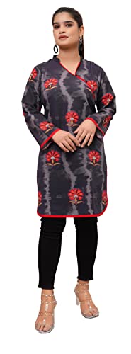 IshDeena Indian Pakistani Short Kurti Tunic Tops - Printed Khaddar Fabric for Women - Office & Casual Wear, Designer, M-3XL (Medium/Black)