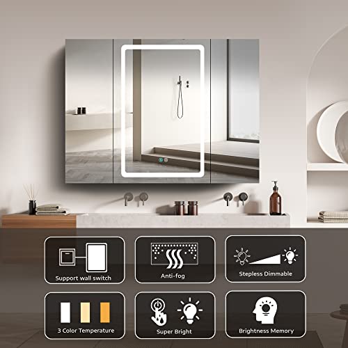 GETPRO Medicine Cabinets 40 x30 inch LED Lighted Medicine Cabinet Mirror for Bathroom Black Aluminum Surface Mount Anti-fogger Function 3 Color Temperature Adjustable Brightness