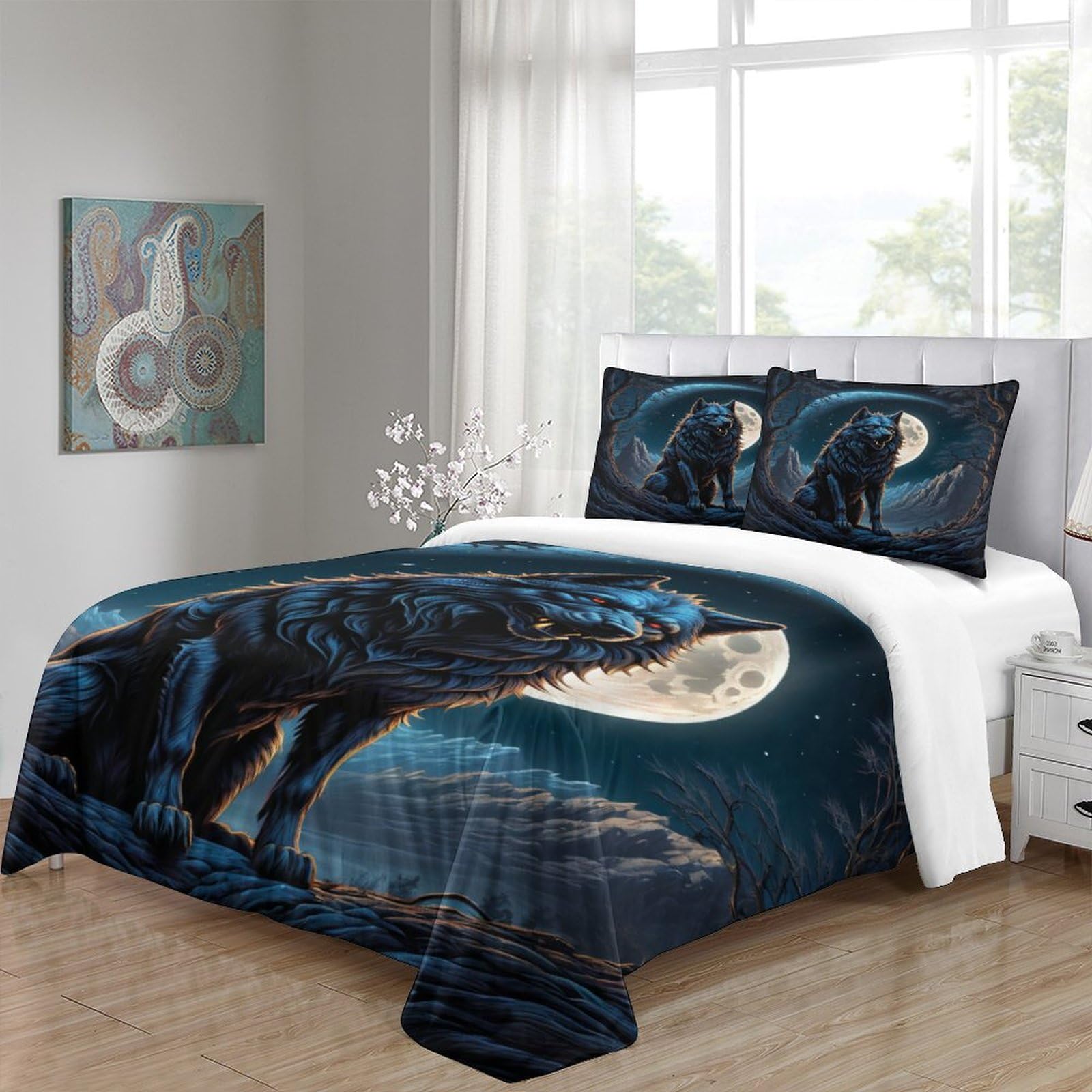 EVMILA Gothic Wolf for Teens and Adults Duvet Cover Quilt Cover 3D Print Scary Night Comforter Covers Soft Microfiber with Zipper Closure Bedding Set with Pillow Cases 3 Pieces Twin(173x218cm)