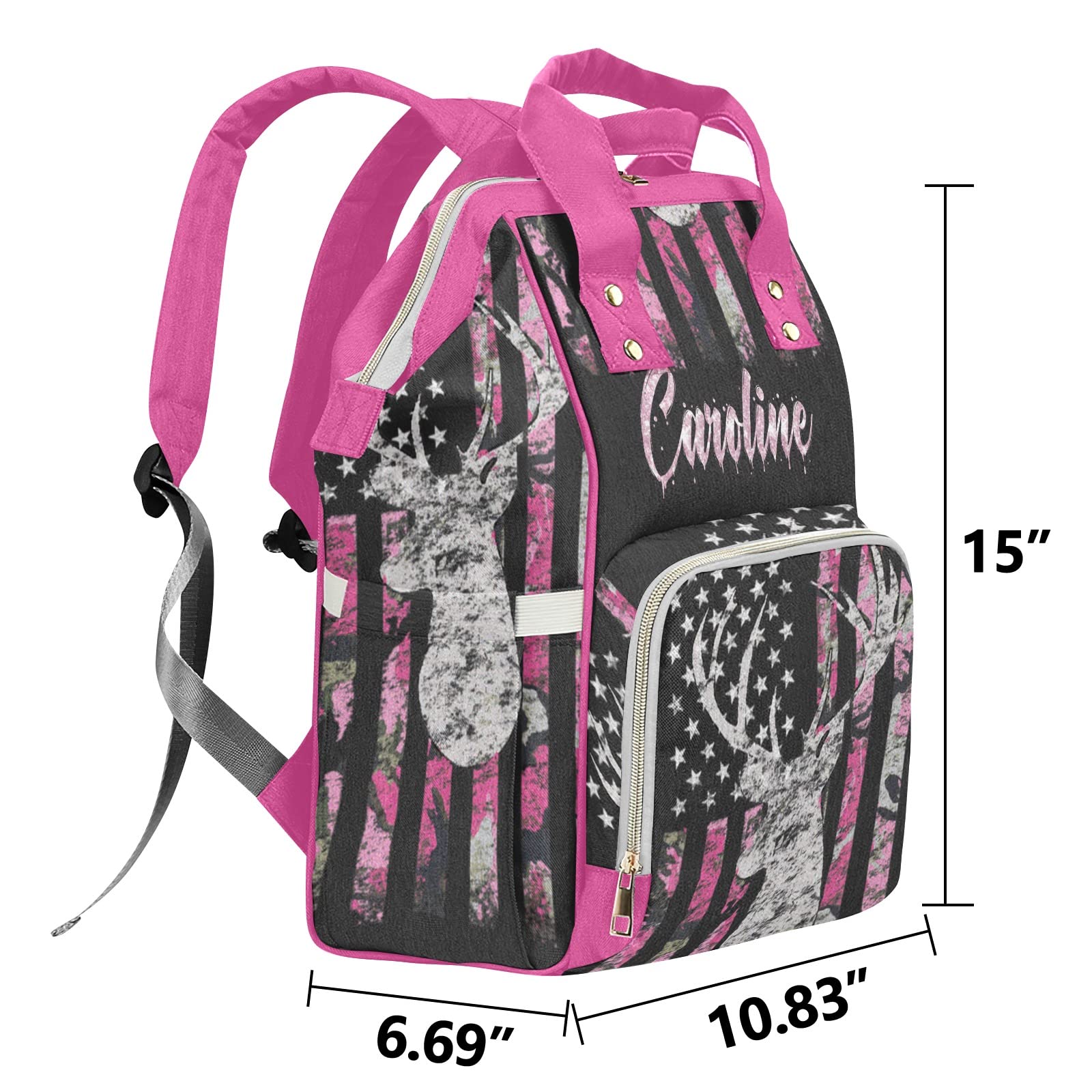 Custom Diaper Bag Backpack - Camo Flag Deer Pink Baby Girl Diaper Bag Backpack for Dad Boy Men with Name