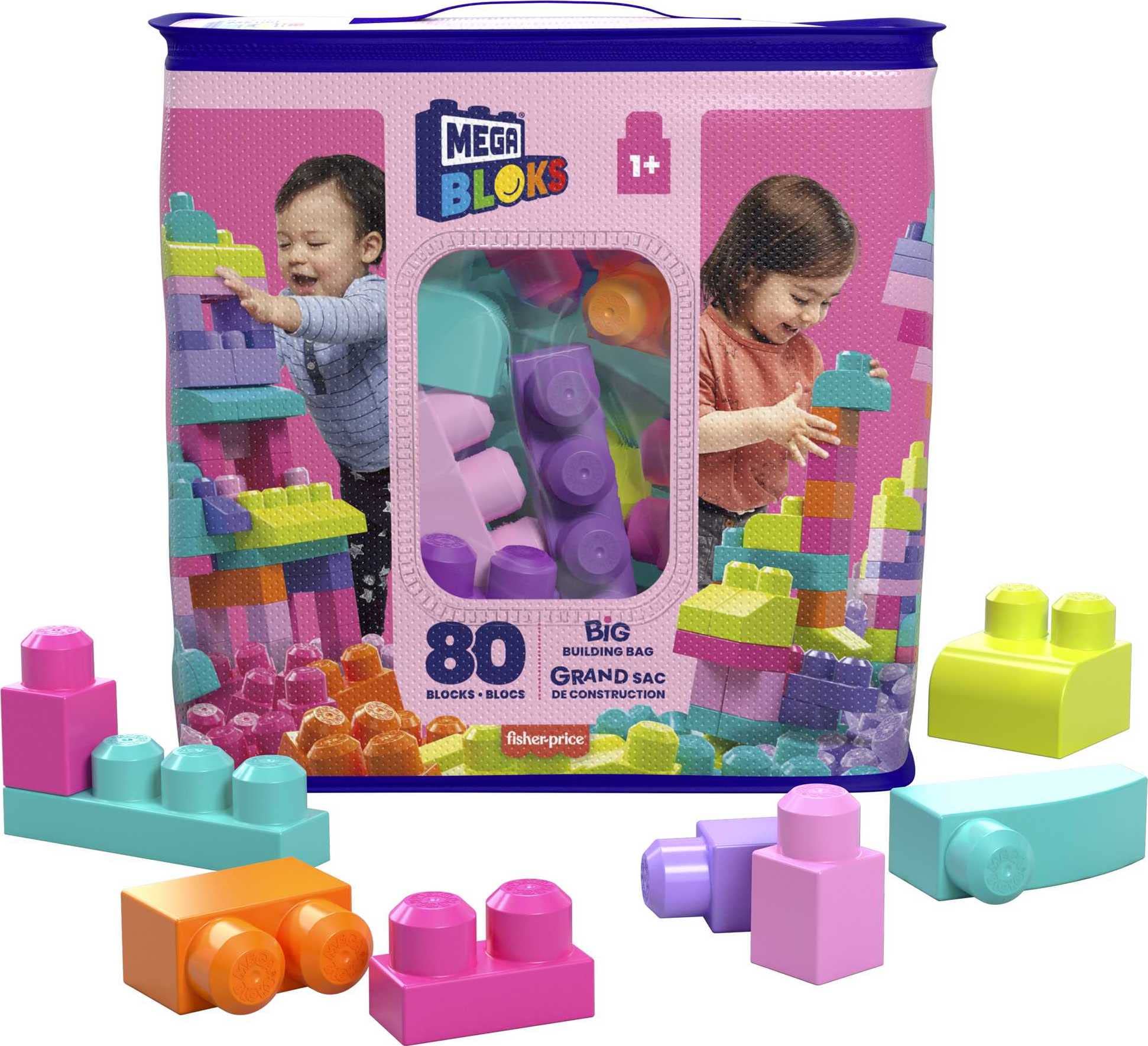 MEGA BLOKS First Builders Big Building Bag + ABC Musical Train, Building Set Bundle, Pink Bag, 130 Pieces