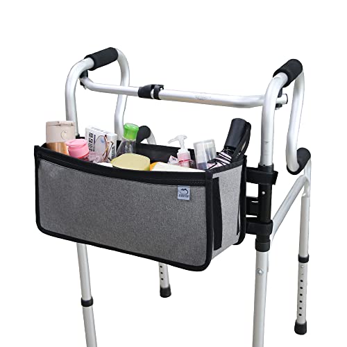 MDSTOP Walker Basket, Walker Bag Water Cup Holder, Foldable Walker Attachment Hands-Free Storage Bag for Elderly, Senior, Large Capacity with Zippered Phone Pocket (Not Fit Rollator Walkers) (Grey)