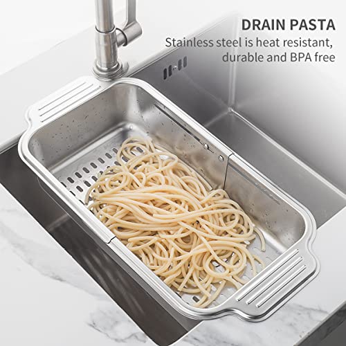Choxila Extendable Over the Sink Colander Stainless Steel Strainer Basket - Wash Vegetables and Fruits, Drain Cooked Pasta and Dry Dishes - Extendable (8.3 W x 13.2-17.5 L x 3 H)