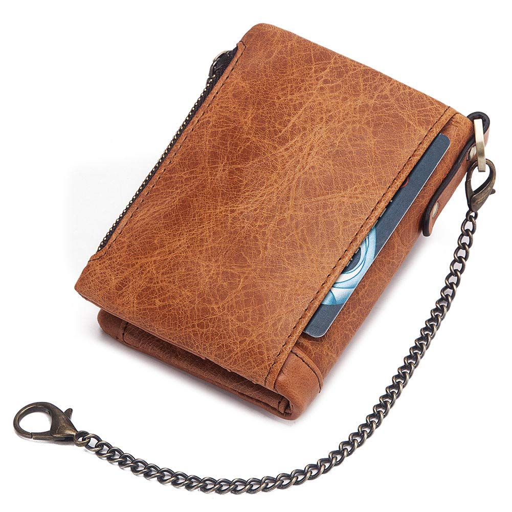 boshiho Real Leather RFID Blocking Bifold Wallets for Men Double Zipper Coin Pocket Purse with Anti-Theft Chain (Khaki)