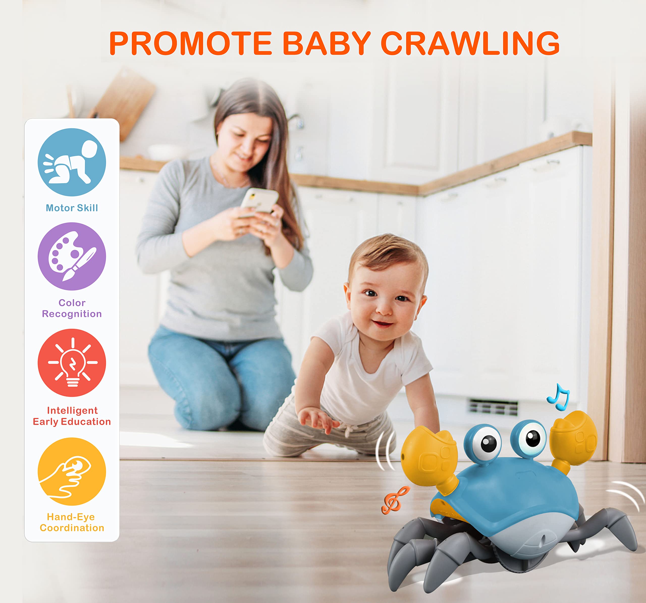 scientree Crawling Crab Baby Toy with Light Up and Music , Toddler Interactive Toys with Sensor Obstacle Avoidance Function,USB Rechargeable, Fun Moving Toy for Babies, Toddlers and Kids