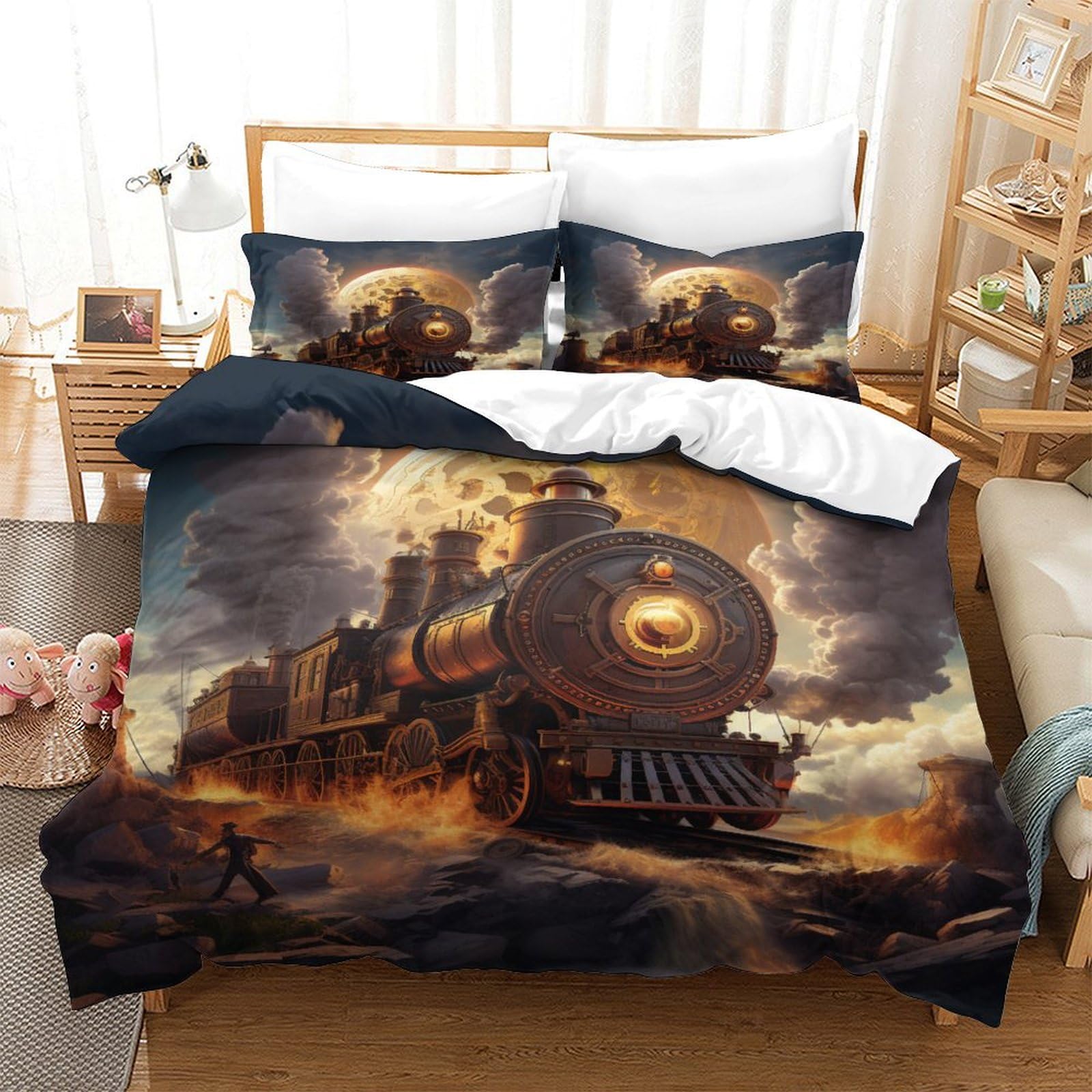 EVMILA Steam Train 3D Print Steampunk Comforter Covers Duvet Cover for Boys Girls Quilt Cover Soft Microfiber with Zipper Closure with Pillow Cases Bedding Set 3 Pieces Twin(173x218cm), Style