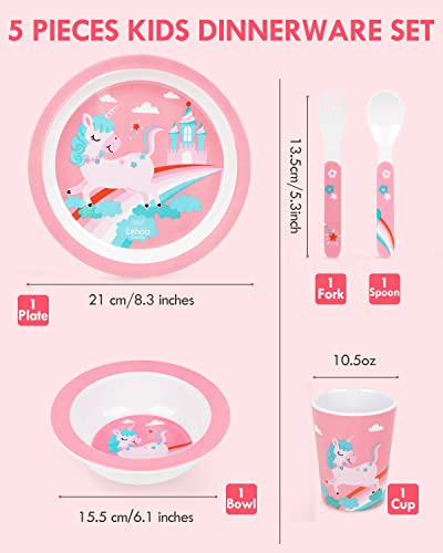Lehoo Castle Kids Plates and Bowls Sets, 5 Piece Baby Feeding Set - Includes Plate, Bowl, Cup, Fork and Spoon Utensil Flatware, Kids Dinnerware Set for Kids, Toddlers (Unicorn)