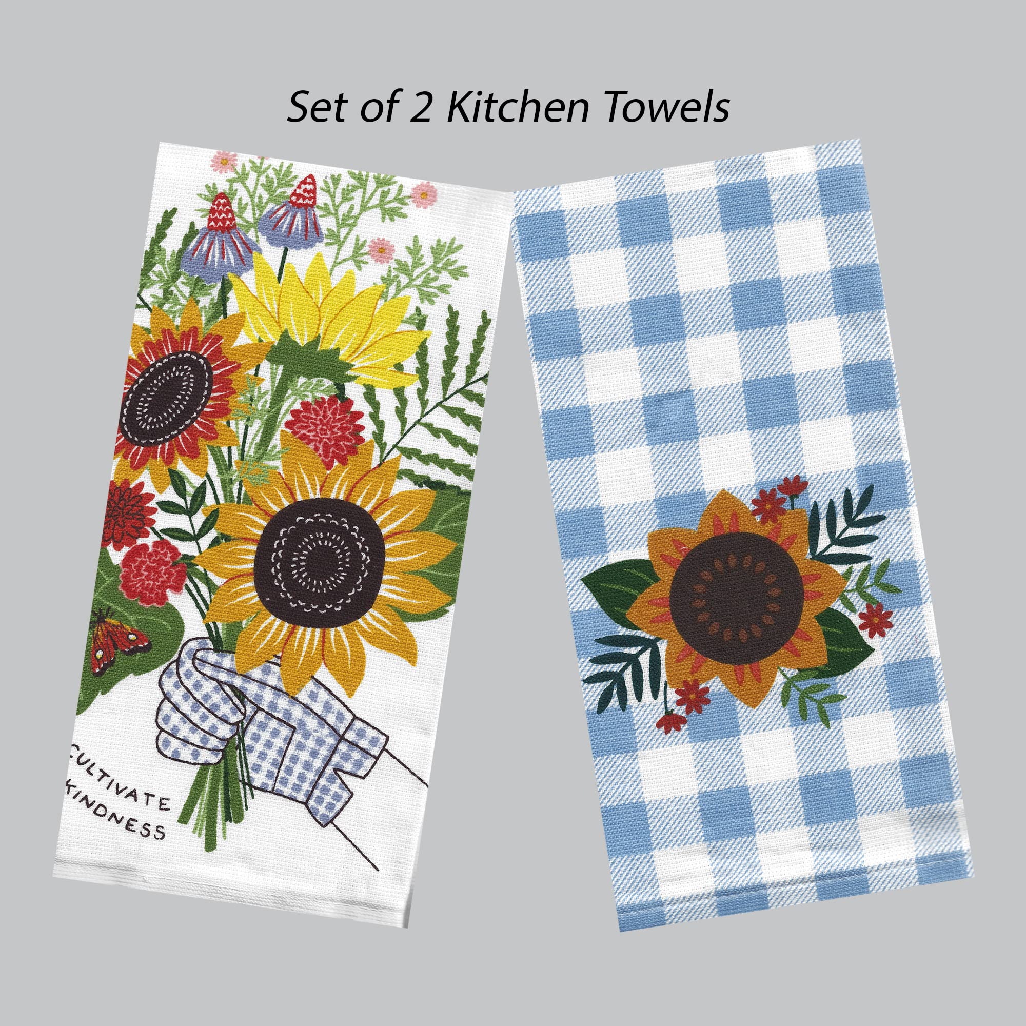 Celebrate Kitchen Towel Set of 2, Sunflowers Blue and White Buffalo Plaid Dishtowels