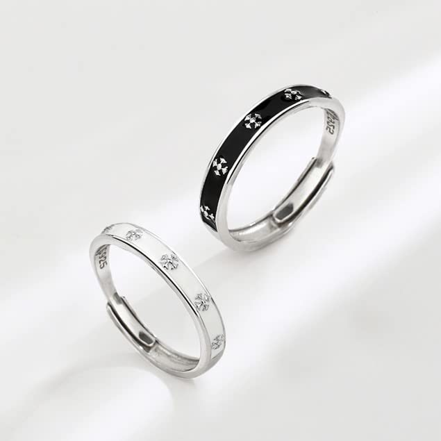 Cathay Select [New] Sterling Silver Couple Rings Set, Adjustable, For Him and Her Wedding Promise Love Rings, Black and White