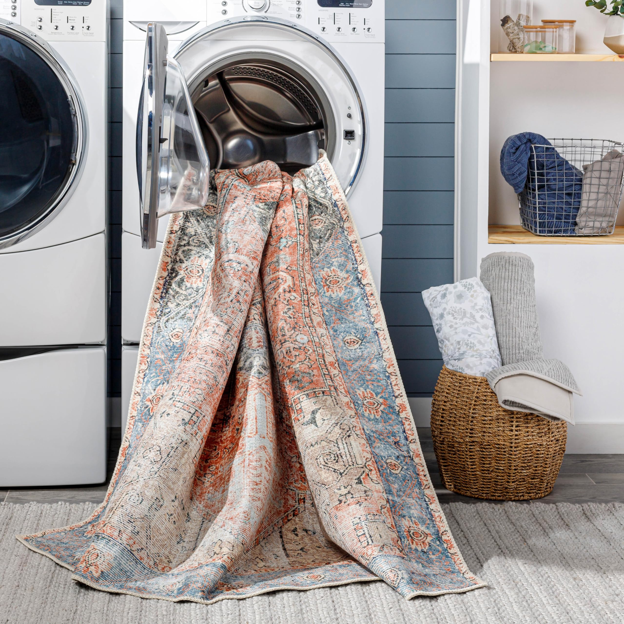 Livabliss Suri Vintage Washable Runner Area Rug,2'7" x 14',Rust/Blue