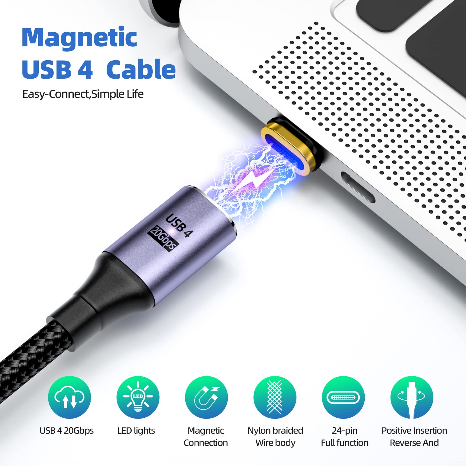 DuHeSin 100W Magnetic USB C to USB C Charging Cable, 24Pin PD Fast Charge USB 4 20Gbps Data Transfer 8K@60Hz Video for MacBook Pro/Air and More Type C Phones (6.5ft)