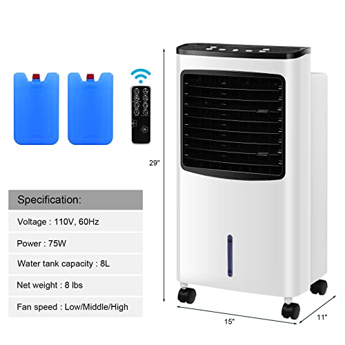 PETSITE Portable Evaporative Air Cooler, 3-in-1 Oscillation Cooling Fan with Remote Control, 2 Ice Packs, Humidifying, 3 Speeds, 7.5H Timer, Personal Swamp Cooler for Bedroom Home Office Garage
