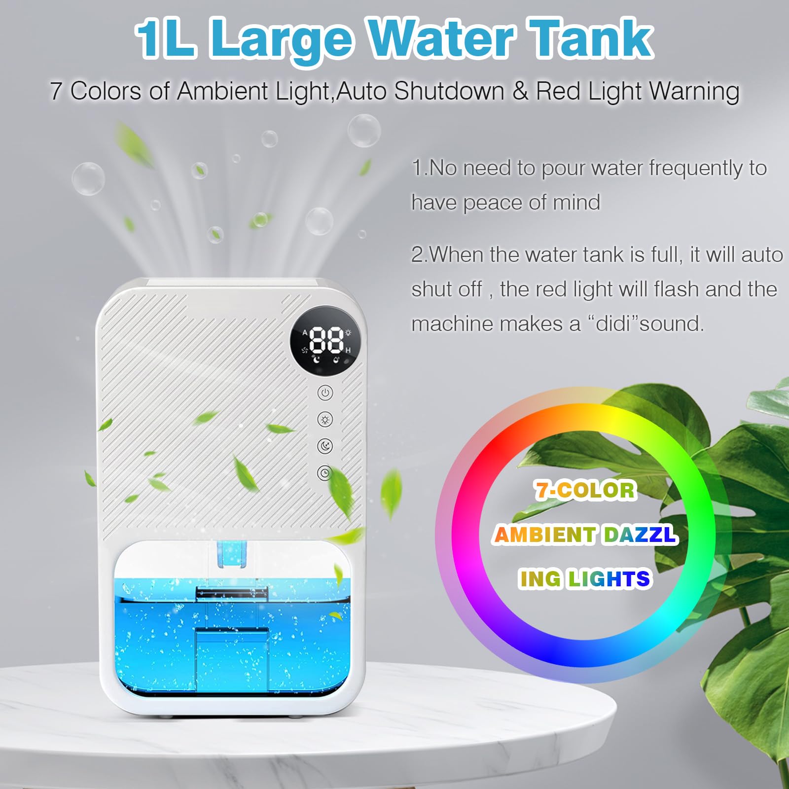 Dehumidifiers for Home with Digital Humidity Display, 37oz Basement Dehumidifier with 7 Colors LED, Auto Shut-Off, Timer & Laundry Dry, Small Dehumidifier for Bedroom, Bathroom, Basement, RV, Office