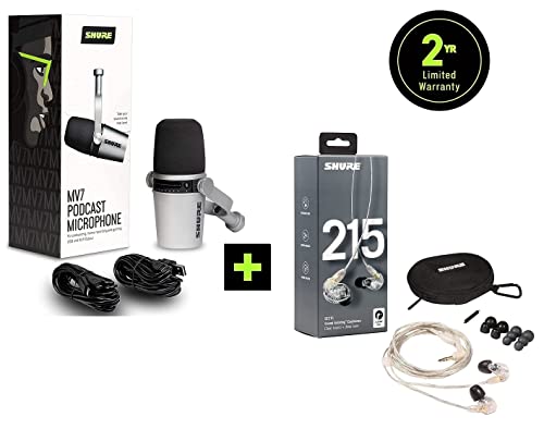 Shure MV7 USB/XLR Dynamic Microphone + SE215 Professional in-Ear Headphones for Podcasting, Recording, Streaming & Gaming, Built-in Headphone Output, Voice-Isolating Technology - Silver/Clear