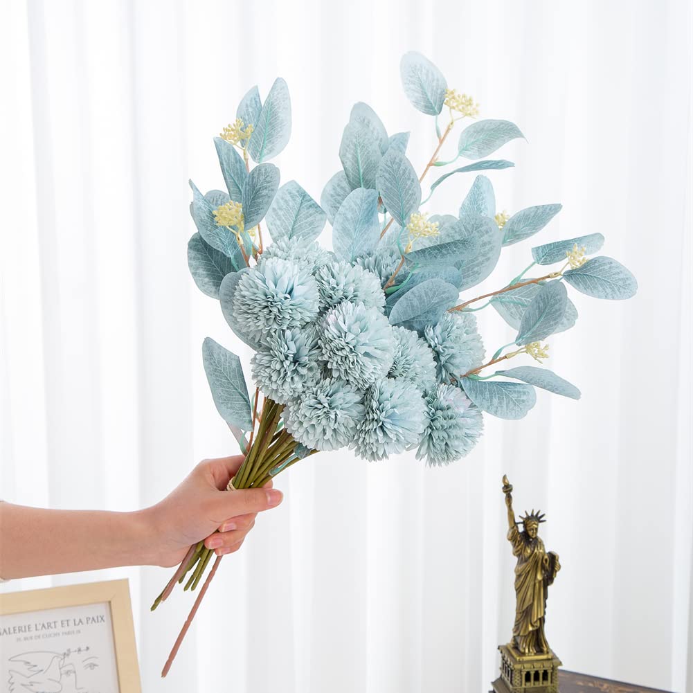 RUJIU 6 Pieces/lot Artificial Plants Fake Eucalyptus Leaves of Bouquet for Bride Home Table Garden Decoration (Light Blue)