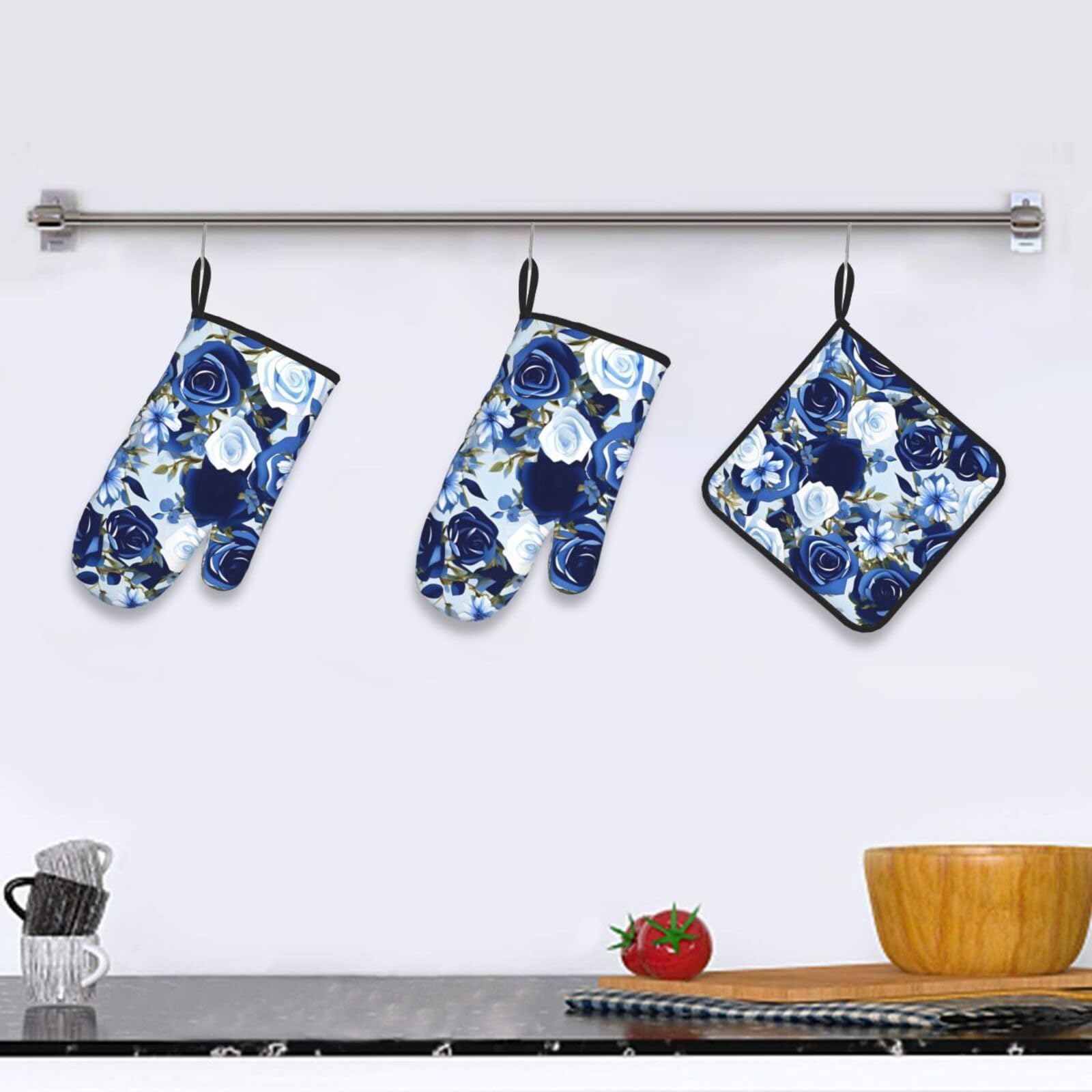 Blue Flower Floral Pattern Roses Oven Mitts and Pot Holders Set–Ultimate Heat Resistant Set for Kitchen and Dining