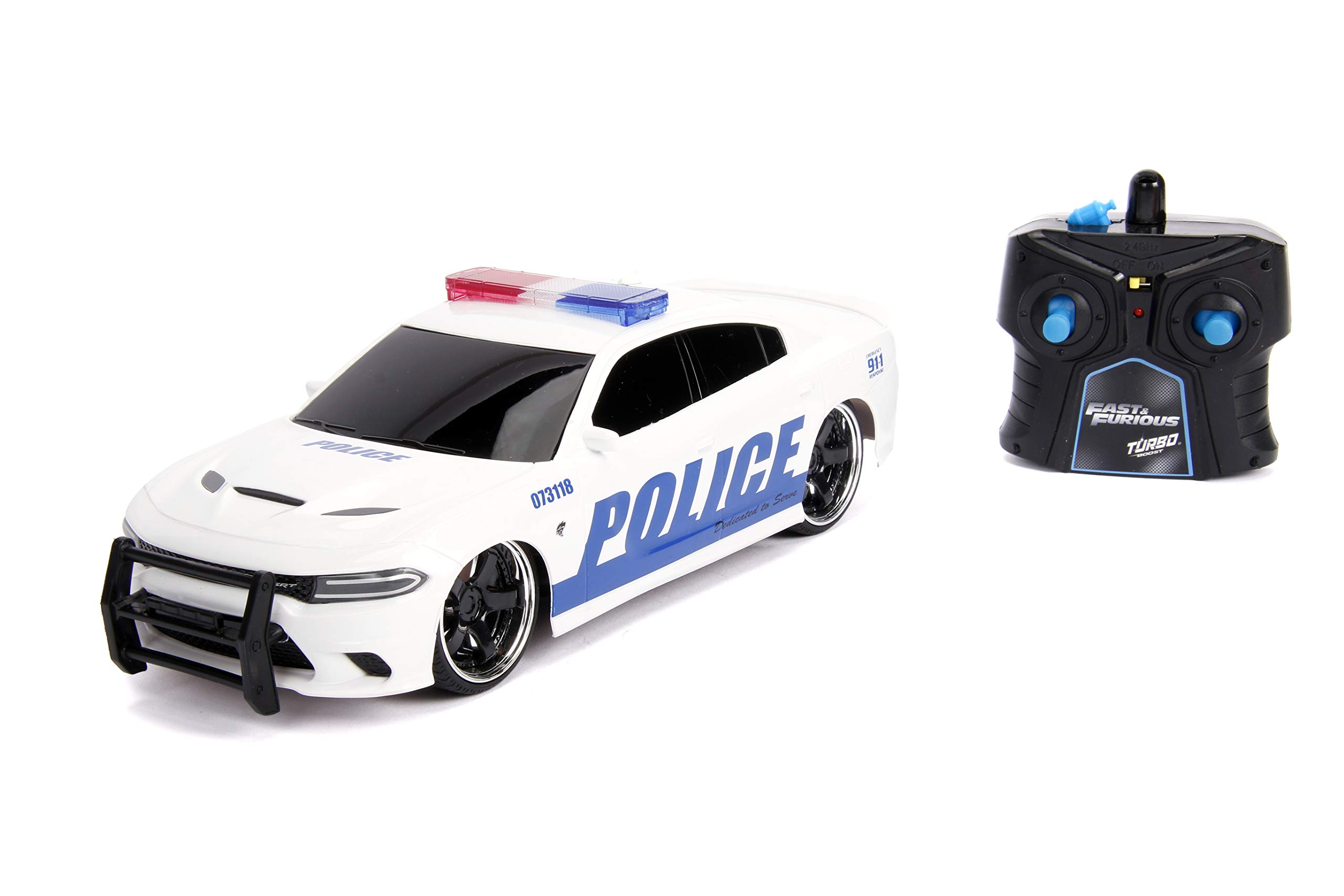 Jada Fast & Furious Chase Twin Pack- Dom's Dodge Charger R/T & Dodge Charger SRT Hellcat, Police & Chase Car Rc, USB Charged, Black and White