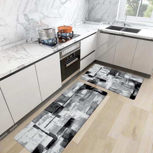 Black Grey Kitchen Rugs Mats Set 2 Pieces Abstract Modern Art Cushioned Anti-Fatigue Kitchen Rug Waterproof Non Slip Comfort Heavy Duty Standing Floor Mat Carpets for Kitchen Laundry, 17"x47"+17"x28"
