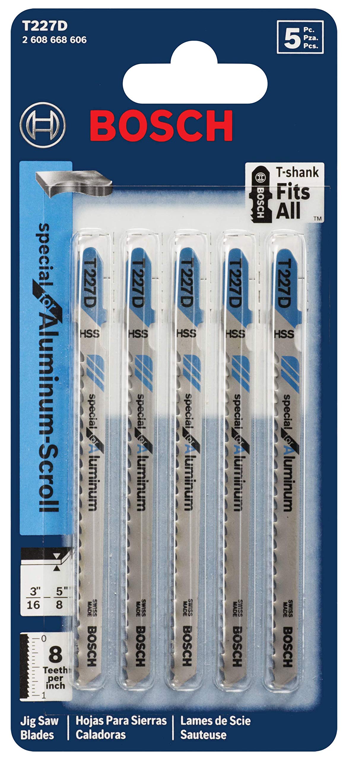 BOSCH T227D 5-Piece 4 In. 8 TPI Special for Aluminum T-Shank Jig Saw Blades