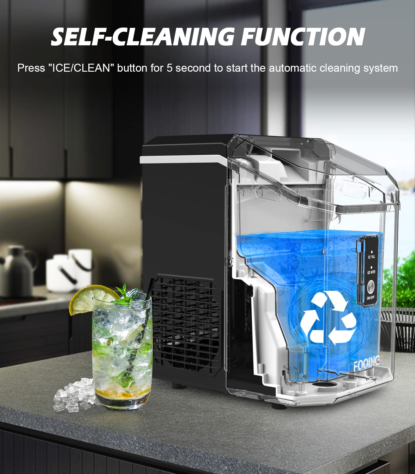 FOOING Nugget Ice Maker Countertop, Crushed Chewable Maker, Self Cleaning Makers with One-Click Operation, 34Lbs/24H, Pebble Portable Machine Scoop for Home Bar Camping RV