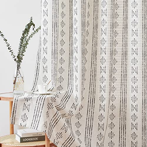 jinchan Boho Curtains Linen Curtains for Living Room Black Farmhouse Boho Curtains 84 Inches Long Geometric Striped Patterned Mudcloth Grommet Top Curtains 2 Panels Black on Beige