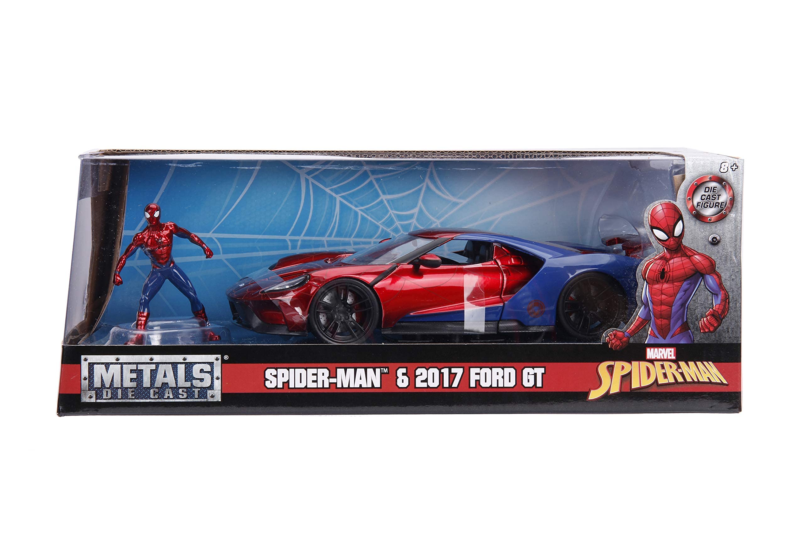 Jada Toys Marvel 1:24 2017 Ford GT Die-cast Car with 2.75" Spider-Man Figure, Toys for Kids and Adults, Red/Blue (99725)