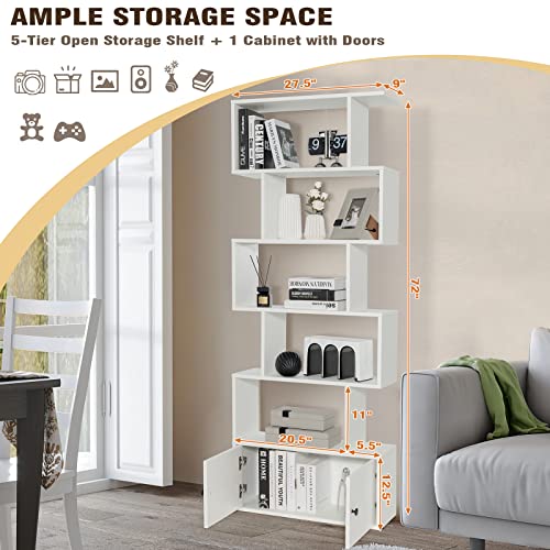 Giantex 6-Tier Geometric Bookcase with Cabinet, Freestanding Display Shelves with Anti-Tipping Device, Wood S-Shaped Bookshelf for Living Room, Bedroom, Study, White