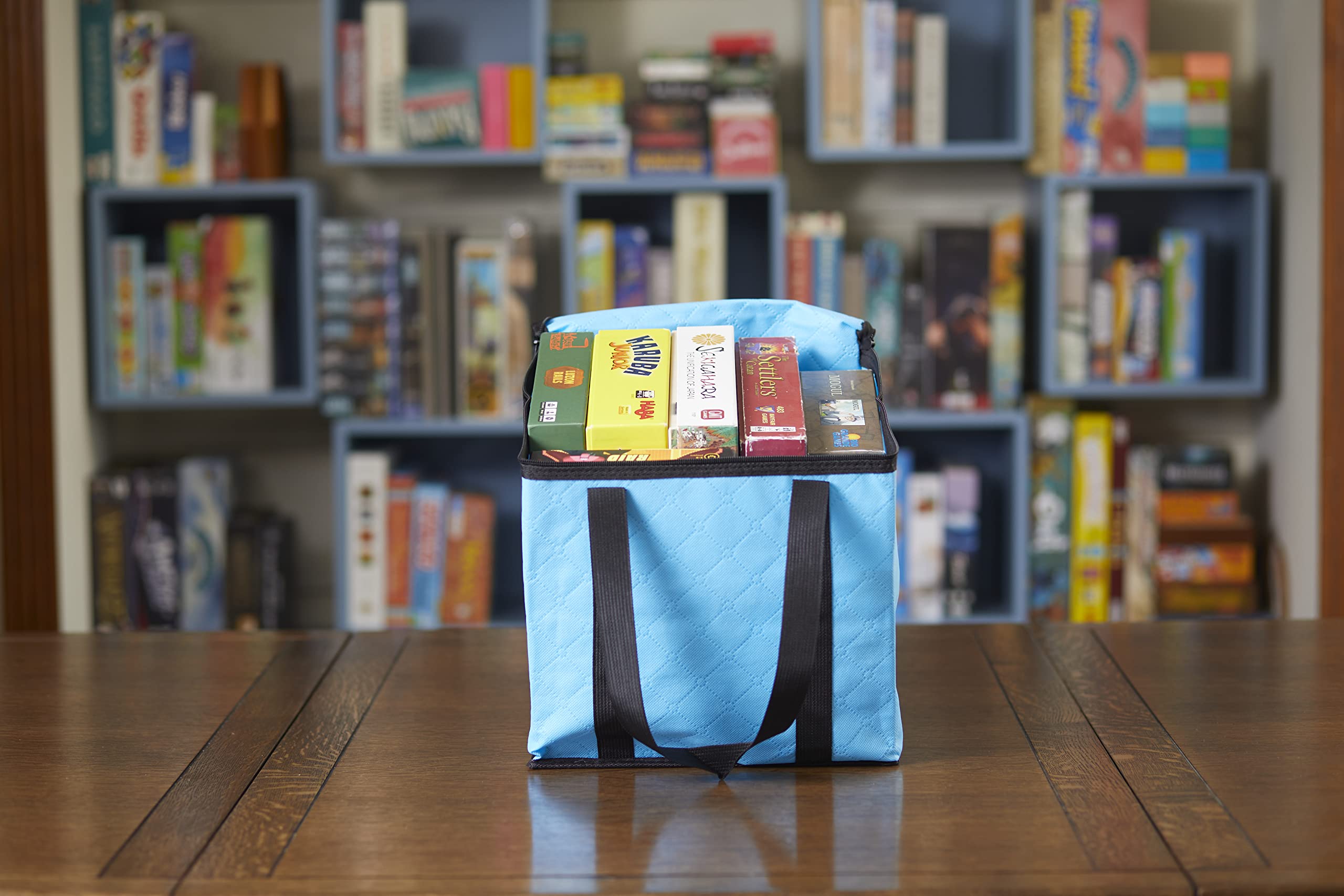 Board Game Bag Bundle - 1 Board Game Bag [Backpack/Luggage Slip/Padded] - (Oxford Gray) & 1 Lightweight Bag - Light Blue [Dual Layer Non-Woven Fabric/Carrying Handle/Zippered Lid]