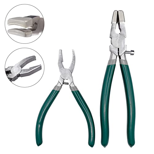 GINWORD 9Pcs Heavy Duty Glass Running Breaking Pliers and Class Cutters Tools Kit, Breaker Grozer Pliers with Curved Jaws,Glass Cutters for Stained Glass, Mosaics, Fusing, Breaking