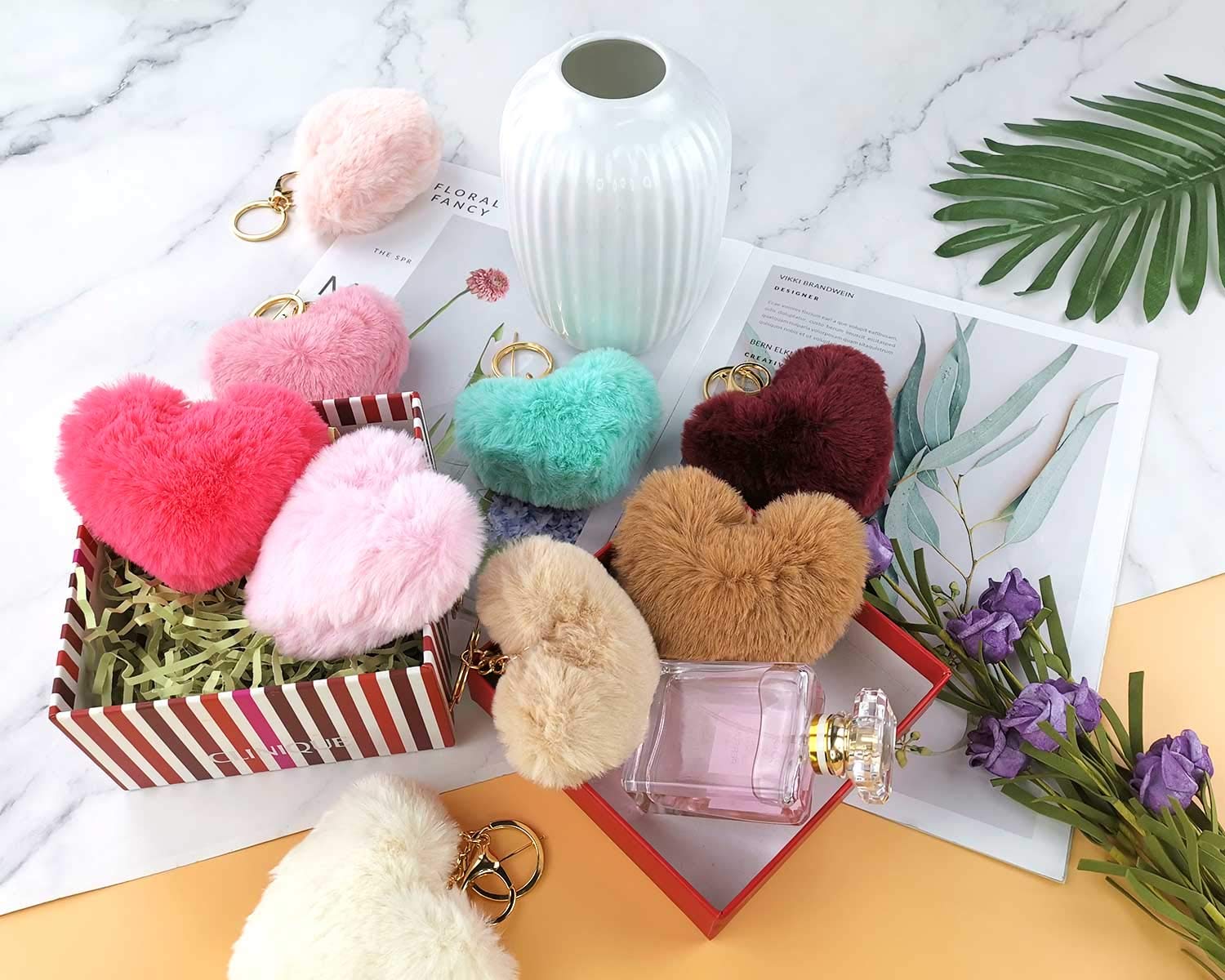 Colored Pom Pom Keychain Bulk Heart Fluffy Fur Puff Ball Key for Women (24pcs)