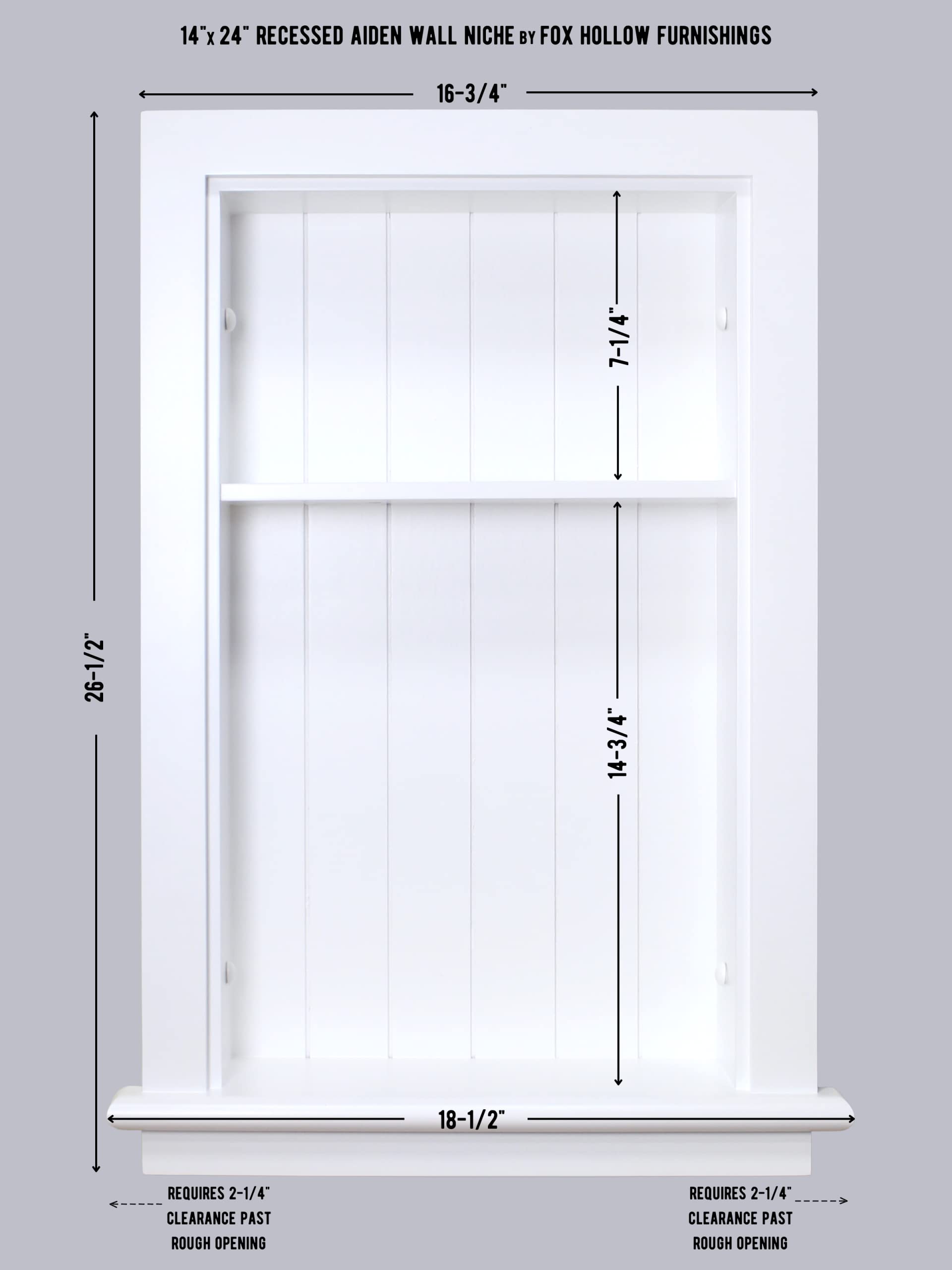 Fox Hollow Furnishings 14x24 Recessed Aiden Wall Niche - Wall Shelf for Storage and Home Decor, 1 Shelf (White W/Beadboard Back)