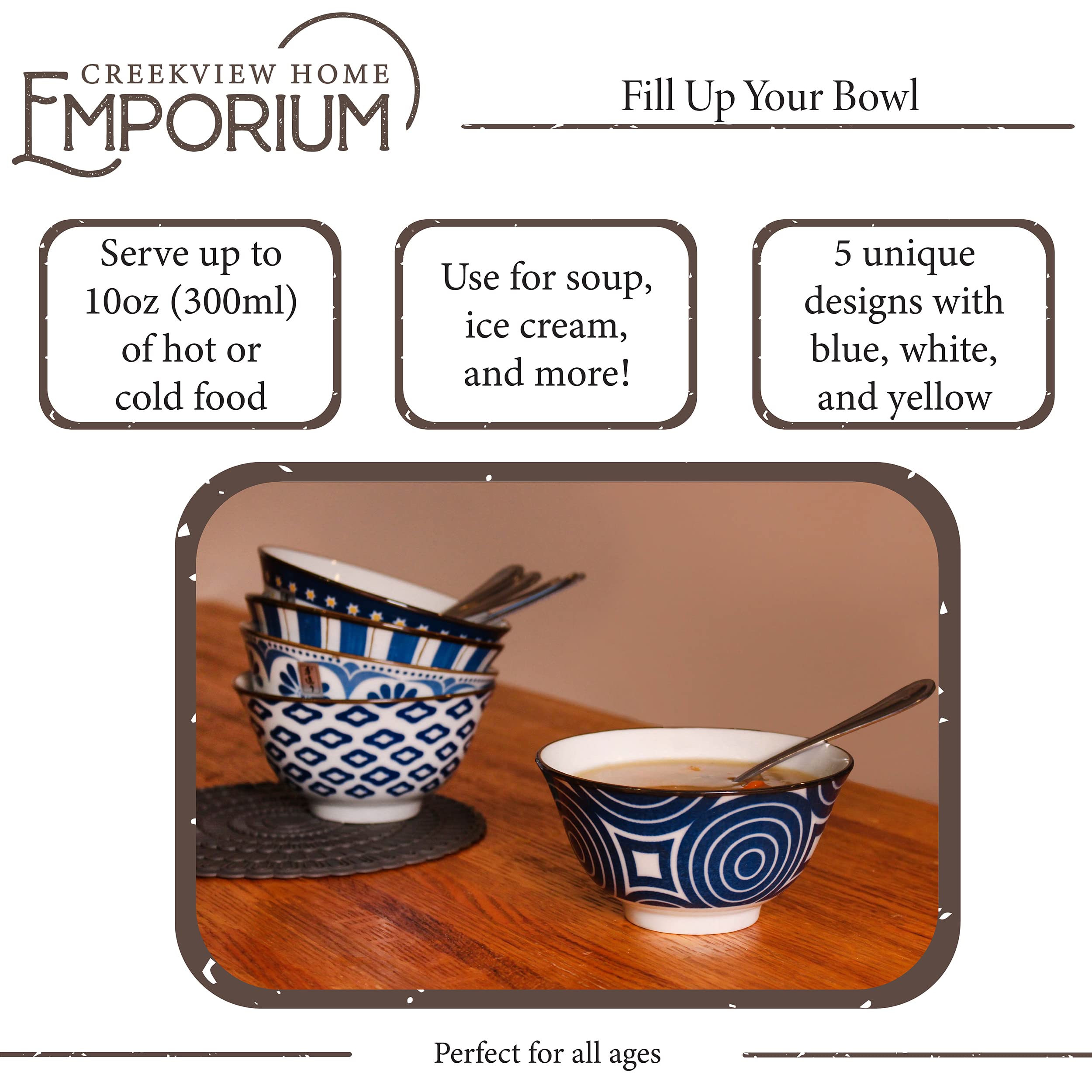 Creekview Home Emporium Ceramic Bowl Set - 5pc Blue and White 10oz Glass Small Serving Bowls for Eating or Decoration