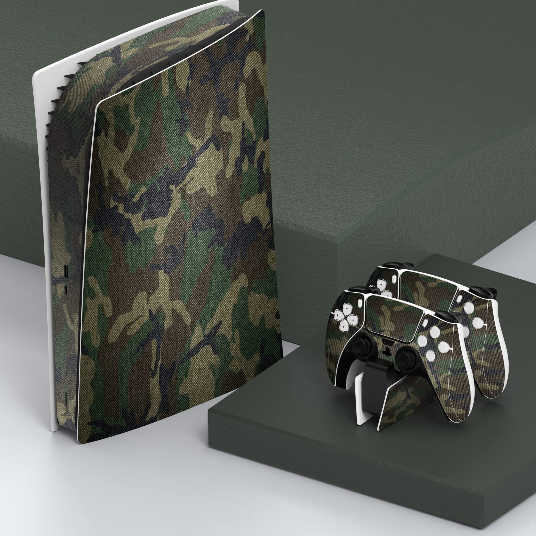PlayVital Army Green Camouflage Full Set Skin Decal for ps5 Console Digital Edition, Sticker Vinyl Decal Cover for ps5 Controller & Charging Station & Headset & Media Remote