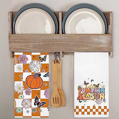 GAGEC Fall Kitchen Towels Retro Pumpkin Season Fall Dish Towels Set of 2, Floral Butterfly Boho Tea Towel 18 x 26 Inch Hand Drying Cloth Towel for Kitchen Home Decoration