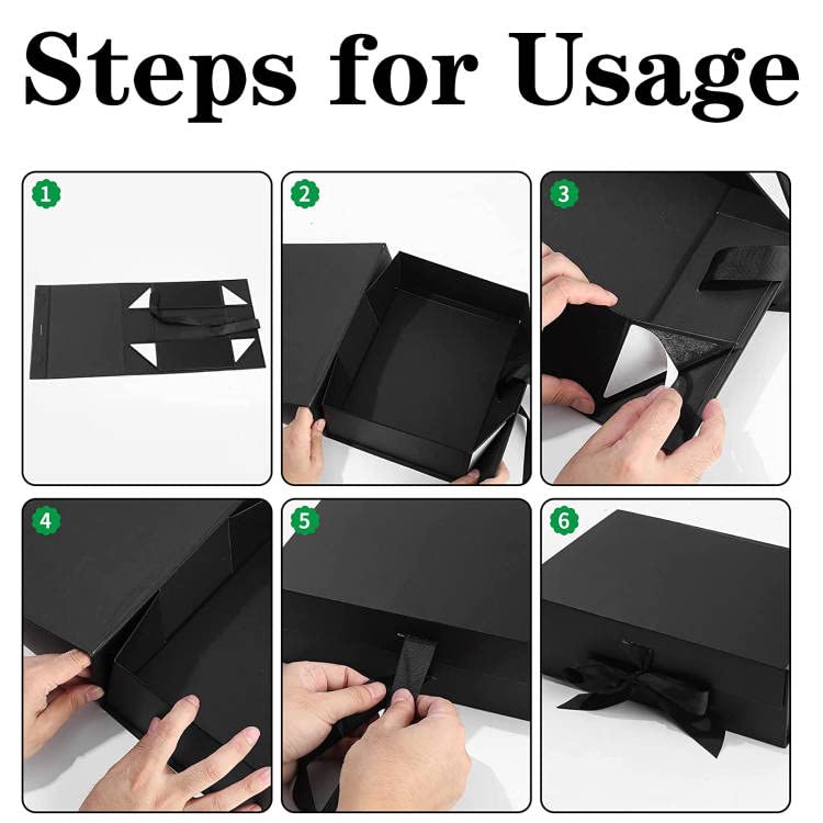 Gift Box with Satin Ribbon,9.1*6.1*2.7Inches black Collapsible Gift Box with Magnetic Lid, with Gift Card, Envelope, Shredded Paper Filler,for Bridesmaid Proposal Gift, Graduation, Holiday, Birthday Party Favor,(1 Pcs)