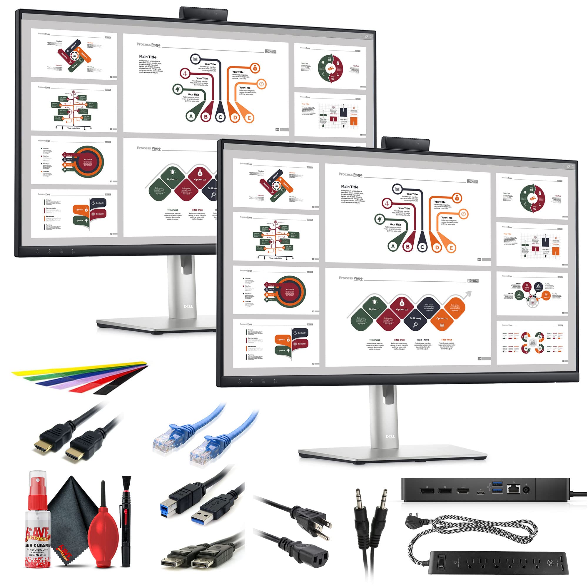 Dell 2 x C2723H 27" Video Conferencing Monitor (C2723H) WD19S Dock + Surge Protector + AUX Cable + Network Cable + Cable Straps + Cleaning Kit + More