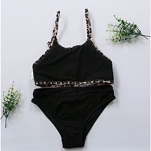 Girl Leopard Print Camisole Top Swimsuit Printed Split Swimsuit Bikini Swimwear 2-Piece Bathsuits Tankini Set 4-18 Years Black