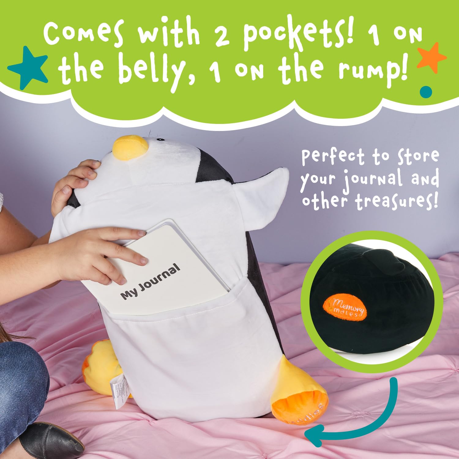 MEMORY MATES Cuddly Memory Foam Pillow Plush with Belly Pocket, Kids Pillow for Hugging Sleeping & Storing Diary, 15” Stuffed Animal & Journal Set - Waddles The Penguin