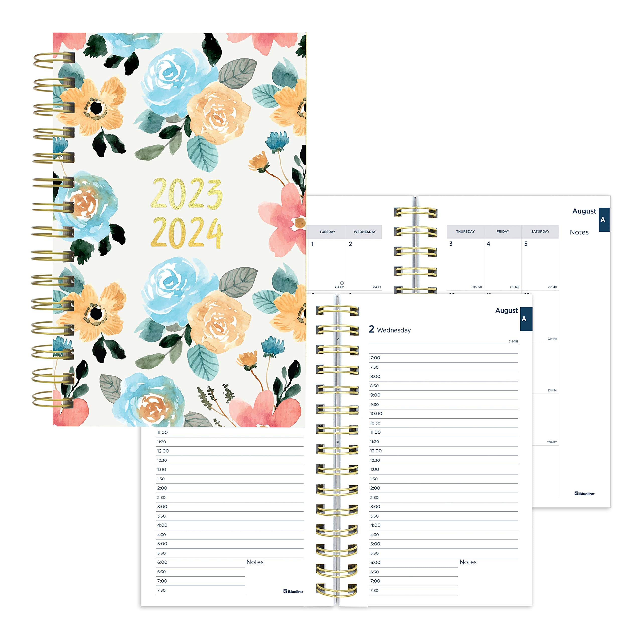 Blueline Essential Academic Daily/Monthly Planner, August 2023 to July 2024, Gold Twin-Wire Binding, Poly Cover, 8" x 5", Blossom Design, Yellow (CA214PG.02-24)