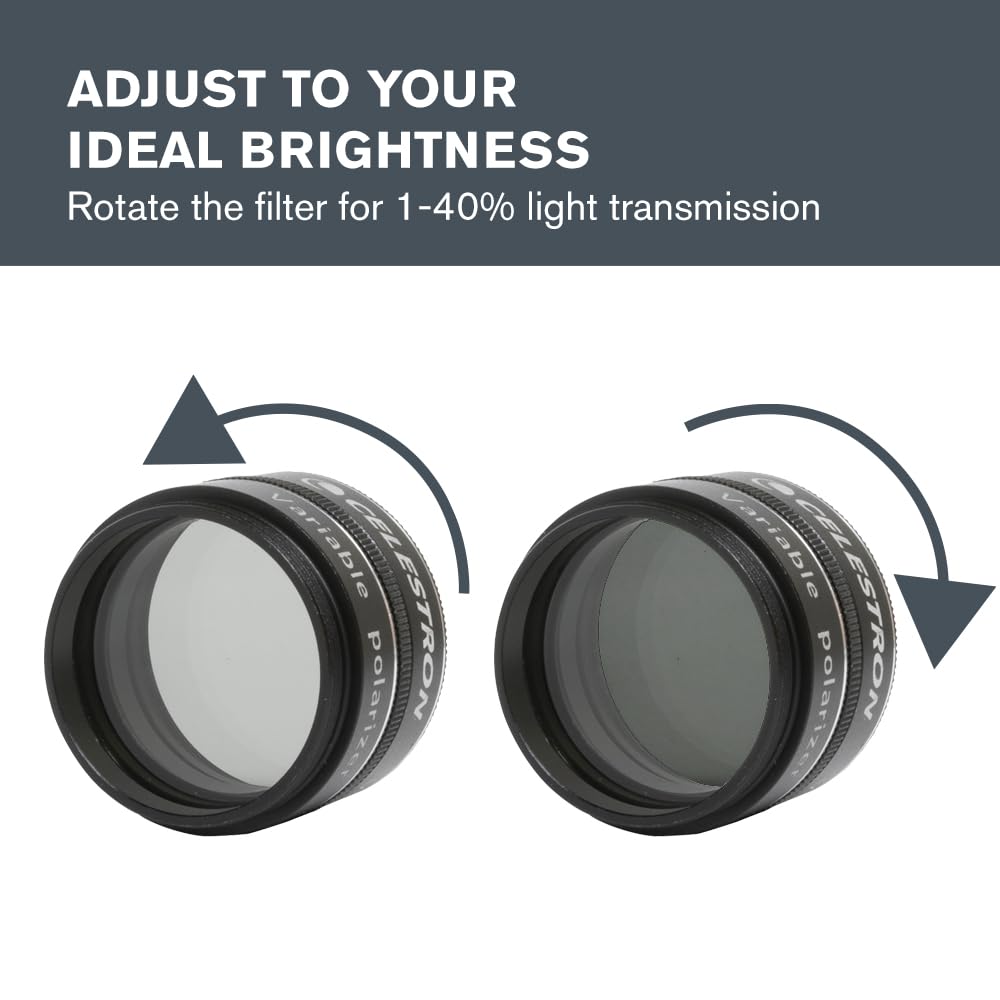 Celestron β Variable Polarizing Moon Filter for Telescopes β Fits 1.25" Telescope Eyepieces β Adjustable 1-40% Light Transmission β Perfect Filter for Moon, Venus, and Double Star Viewing