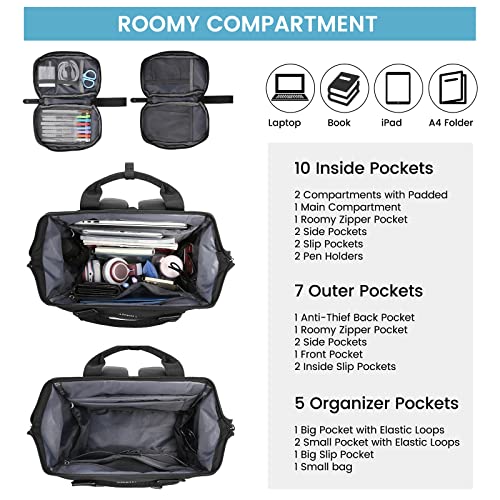 LOVEVOOK Laptop Backpack for Women, Teacher Nurse Bag Work Travel Computer Backpacks Purse,Water Resistant Daypack with USB Charging Port, 15.6 inch Black