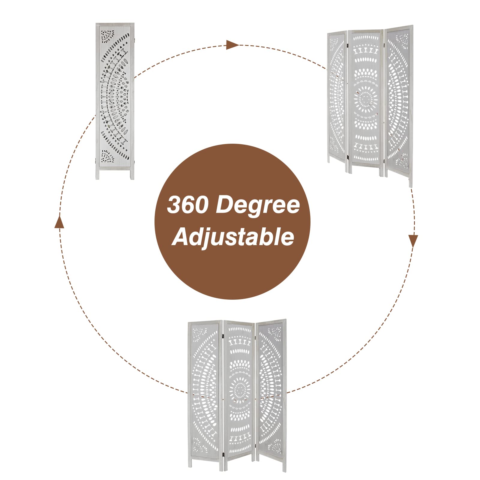 ECOMEX 4 Panel Cutout Room Divider Fully Assembled 5.6Ft Wooden Room Divider and Folding Screens, Carved Room Divider Screen Wall Partition for Home Office Restaurant Bedroom, Natural Brown