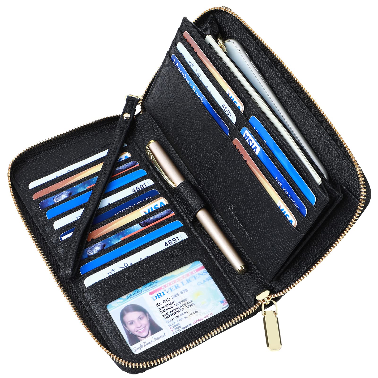 Seammer Women's RFID Blocking Leather Zip Around Wallet Clutch Large Phone Holder Wristlet Travel Purse (Black)