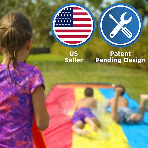 JAMBO 16Ft Premium 3 Lane Slip Splash and Slide with Bodyboards, Heavy Duty Water Slide- Advanced 3-Way Sprinkler System, Splash Mat Splash Pad Backyard Waterslide Outdoor Water Toys n Slides for Kids