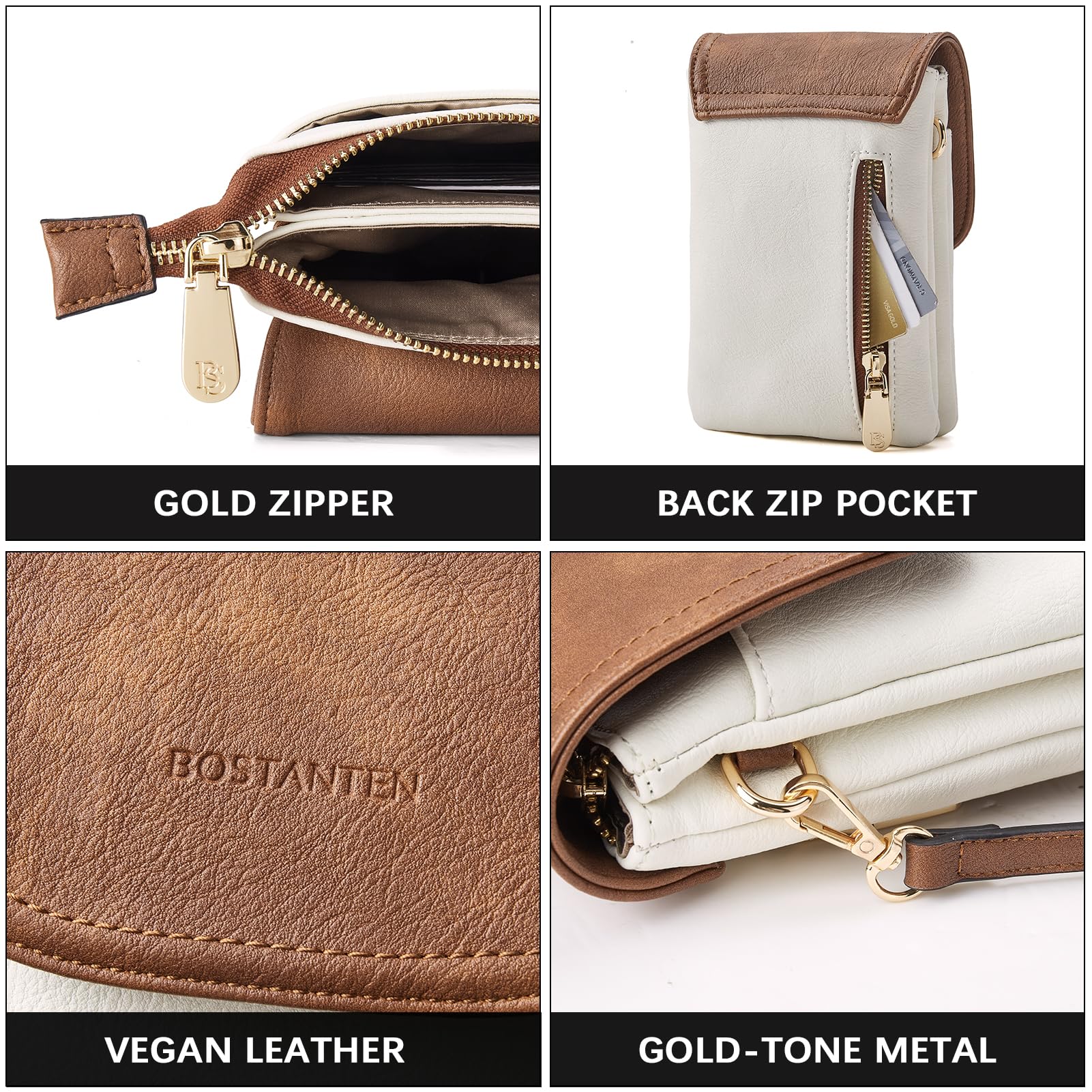BOSTANTEN Leather Small Crossbody Bags for Women Designer Cell Phone Bag Wallet Purses Adjustable Strap White with Brown