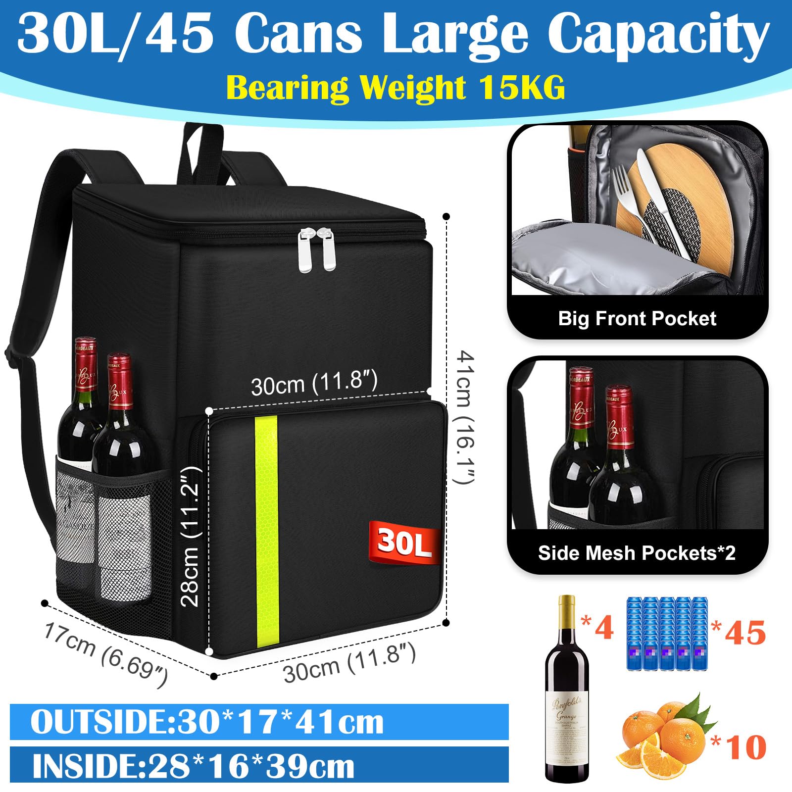 AURUZA 30L Backpack Cooler Bag, Black, Large Capacity, Insulated, Leak Proof, 16 Hours Cooling, 45 Cans