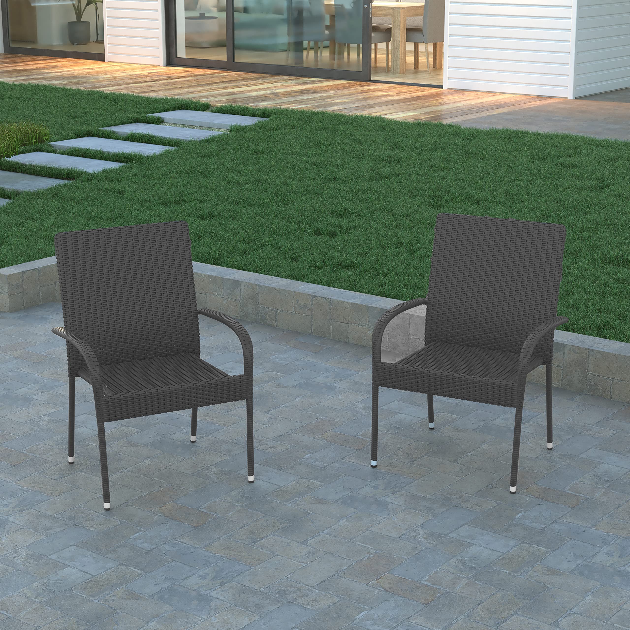EMMA + OLIVER Sala Stacking All-Weather Patio Chair - Gray Woven Polyethylene Wicker - Powder Coated Steel Frame - for Indoor & Outdoor Use - Set of Four