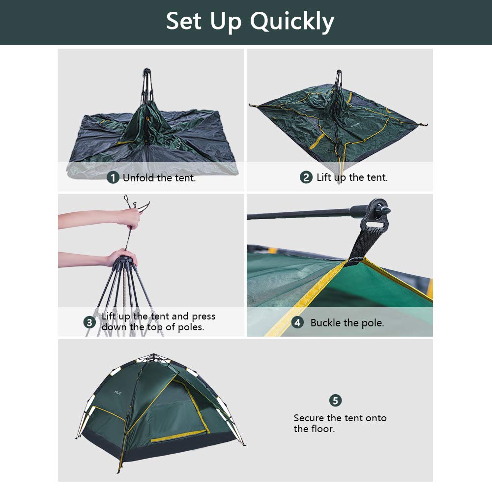 Camping Draw Rope Tent 3-4 Person Double Layer Waterproof Pop Up Quick Setup Family Outdoor Tents UV Protection with Carry Bag