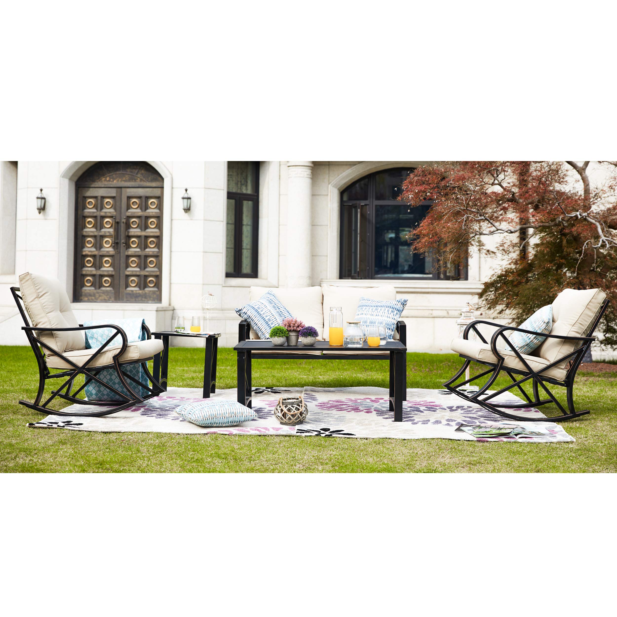 LOKATSE HOME 5Pcs Patio Furniture Conversation Bistro Sets Loveseat and 2 Coffee Table, Khaki