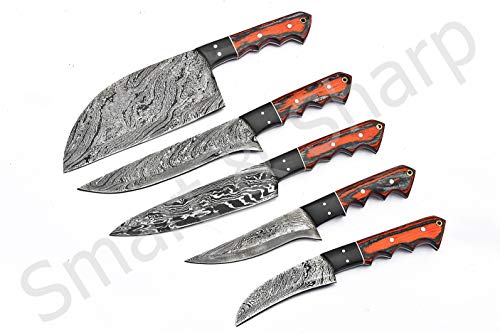 Custom Handmade Damascus Chef Knives Set/Kitchen Knives 5 Pieces Set SS-17211 (Orange and Black Color Wood)